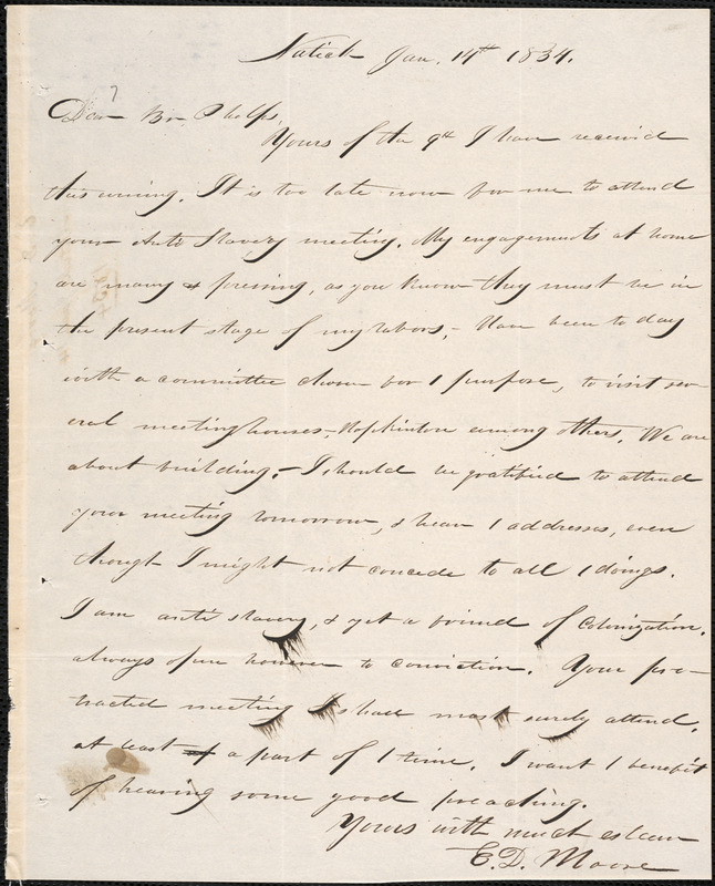 Letter from E. D. Moore, Natick, to Amos Augustus Phelps, Jan. 14th 1834 - Digital Commonwealth