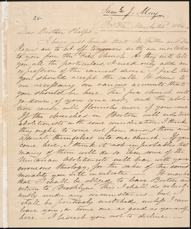 Letter from Samuel Joseph May, Boston, to Amos Augustus Phelps, March 22d 1836 - Digital ...