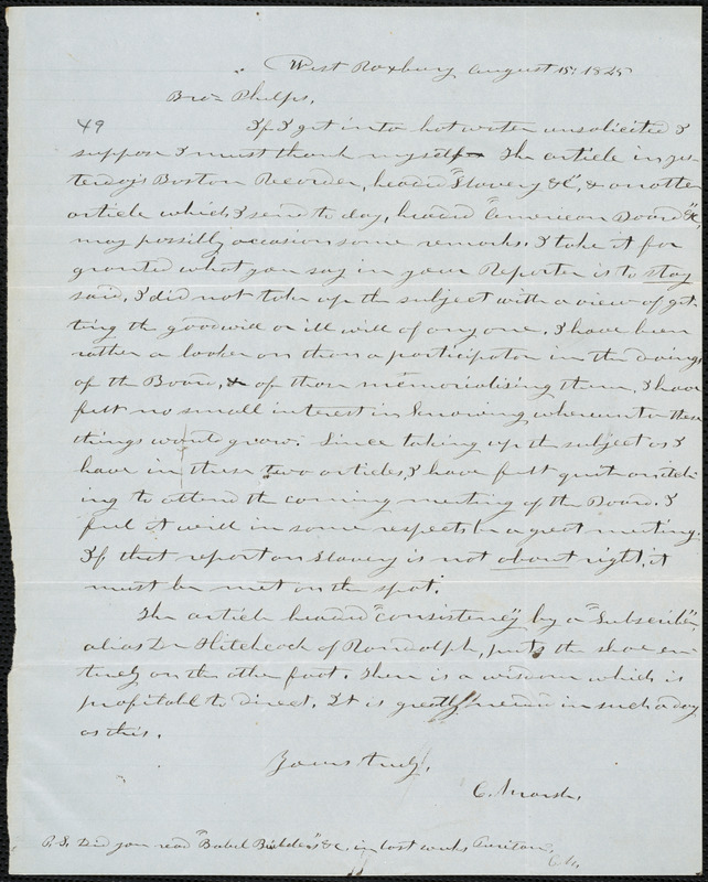 Letter from C. Marsh, West Roxbury, to Amos Augustus Phelps, August 15: ...