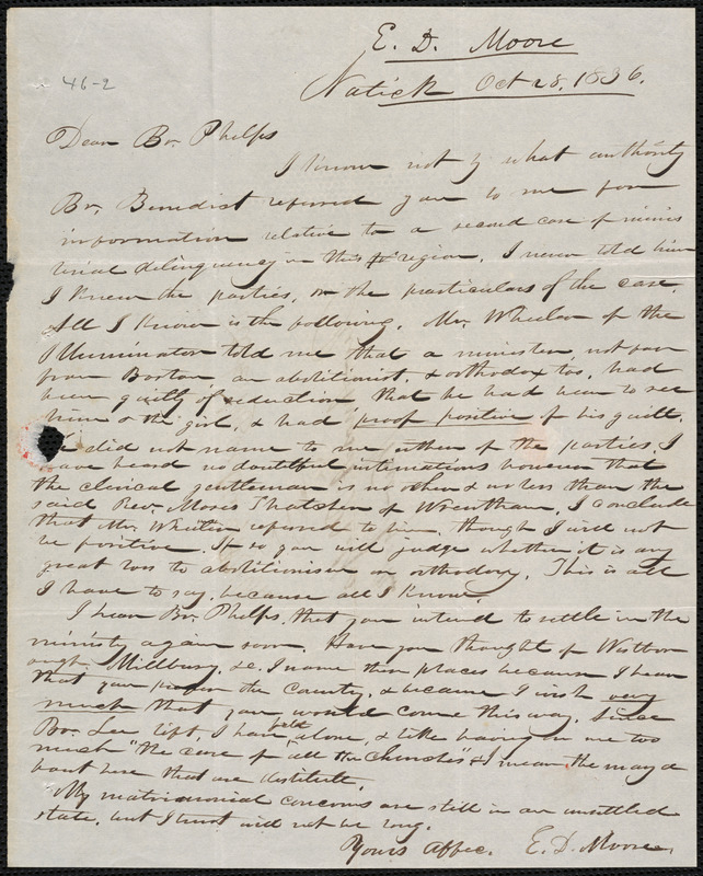 Letter from E. D. Moore, Natick, to Amos Augustus Phelps, Oct 28, 1836 - Digital Commonwealth