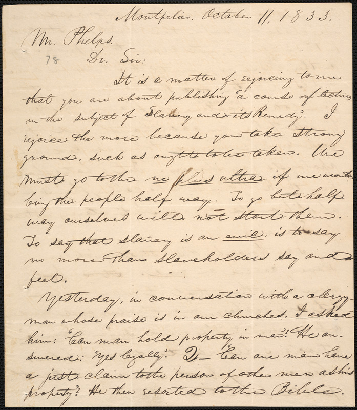 Letter from Orson S. Murray, Montpelier, to Amos Augustus Phelps, October 11. 1833 - Digital ...