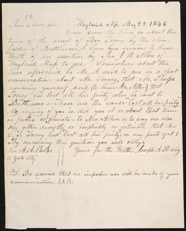 Letter from Joseph Albert Roby, Wayland, to Amos Augustus Phelps, May ...