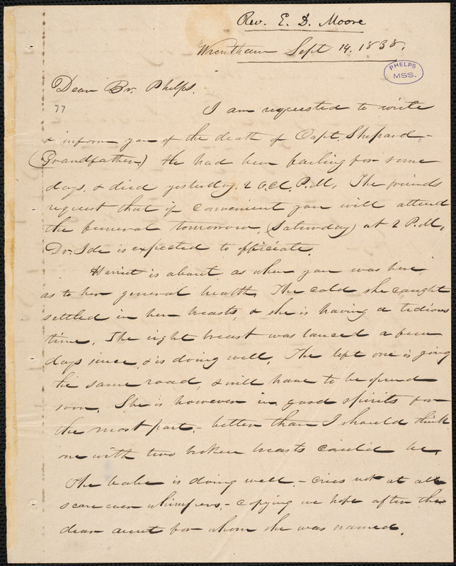 Letter from E. D. Moore, Wrentham, to Amos Augustus Phelps, Sept 14. 1838 - Digital Commonwealth