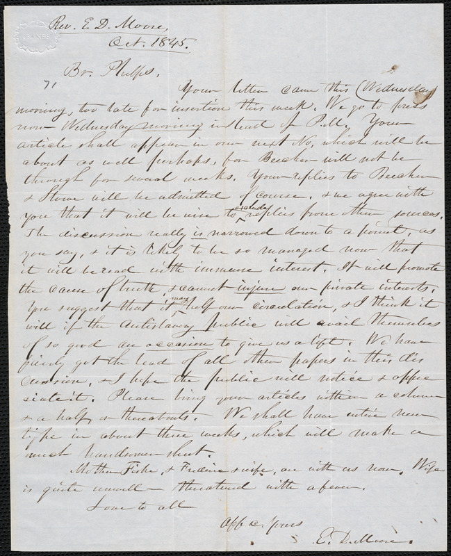 Letter from E. D. Moore, to Amos Augustus Phelps, Oct. 1845 - Digital Commonwealth