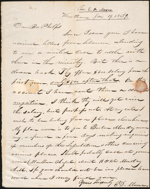 Letter from E. D. Moore, Wrentham, to Amos Augustus Phelps, Jan. 19. 1839 - Digital Commonwealth