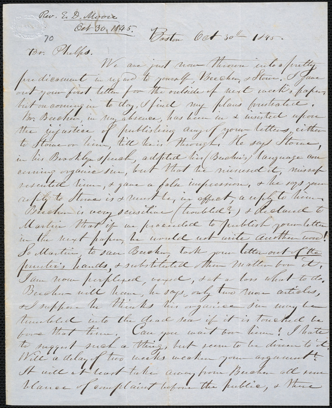 Letter from E. D. Moore, Boston, to Amos Augustus Phelps, Oct 30th 1845 - Digital Commonwealth