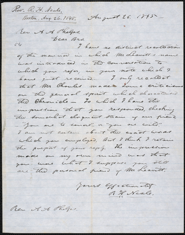 Letter from Rollin Heber Neale, [Boston], to Amos Augustus Phelps, August 26. 1845 - Digital ...