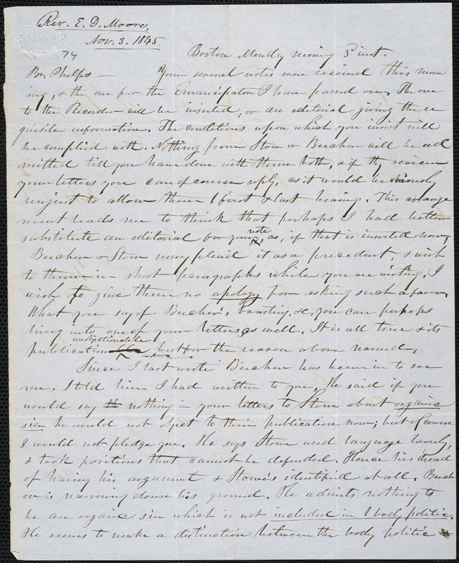 Letter from E. D. Moore, Boston, to Amos Augustus Phelps, [Nov. 3. 1845] - Digital Commonwealth