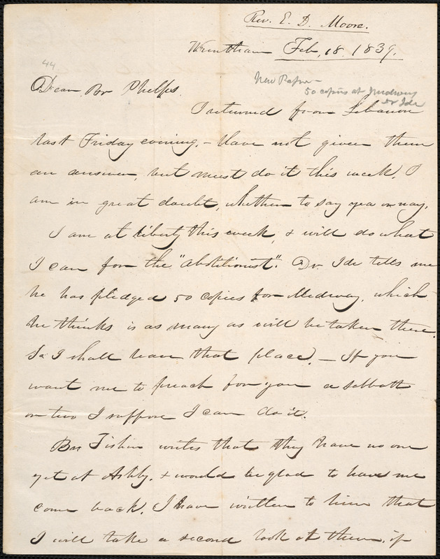 Letter from E. D. Moore, Wrentham, to Amos Augustus Phelps, Feb.18 1839 - Digital Commonwealth