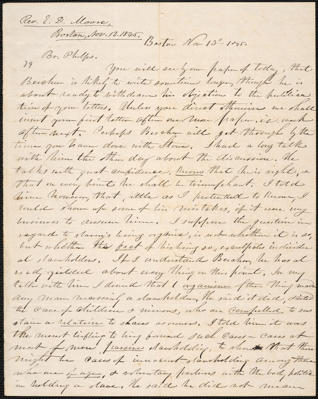 Letter from E. D. Moore, Boston, to Amos Augustus Phelps, Nov 13th 1845 - Digital Commonwealth