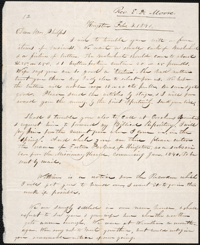 Letter from E. D. Moore, Wrentham, to Amos Augustus Phelps, Feb.3. 1840 - Digital Commonwealth