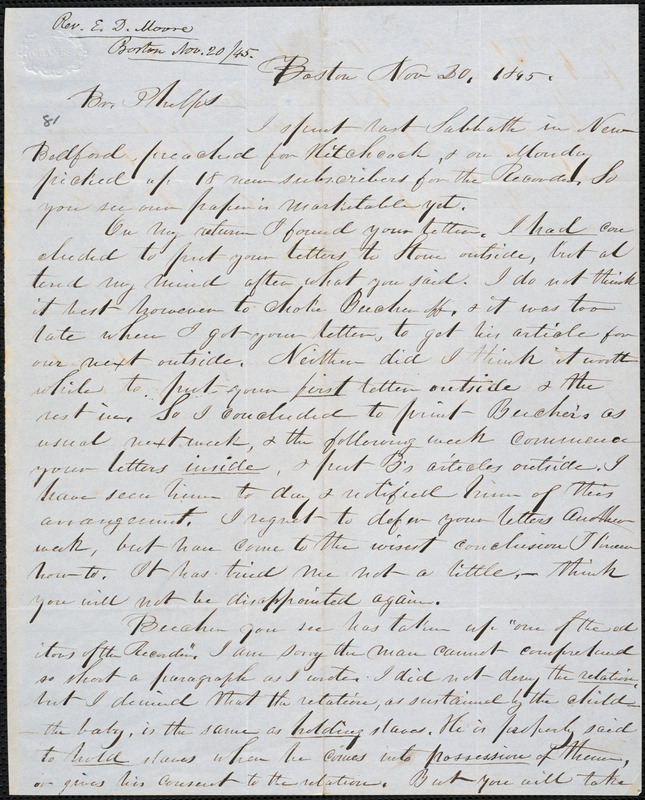 Letter from E. D. Moore, Boston, to Amos Augustus Phelps, Nov 30. 1845 - Digital Commonwealth