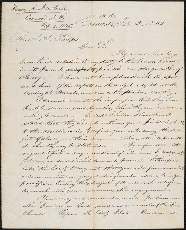 Letter from Henry A. Newhall, Concord, to Amos Augustus Phelps, 1845 February 2 - Digital ...