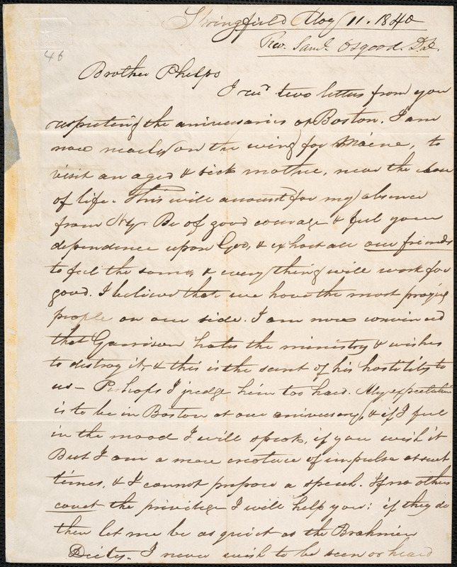 Letter from Samuel Osgood, Springfield, to Amos Augustus Phelps, May 11 ...
