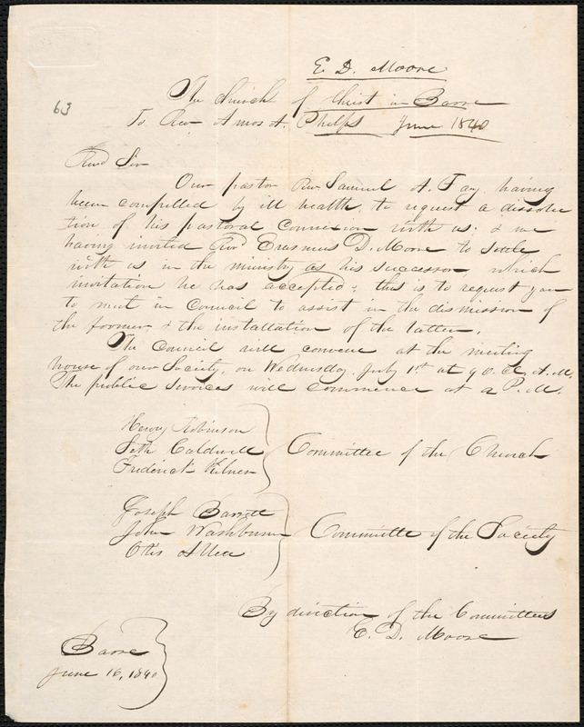 Letter from The Church of Christ in Barre, to Amos Augustus Phelps, June 16, 1840 - Digital ...