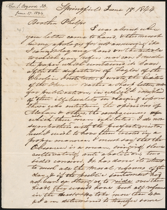 Letter from Samuel Osgood, Springfield, to Amos Augustus Phelps, June 17. 1844 - Digital ...