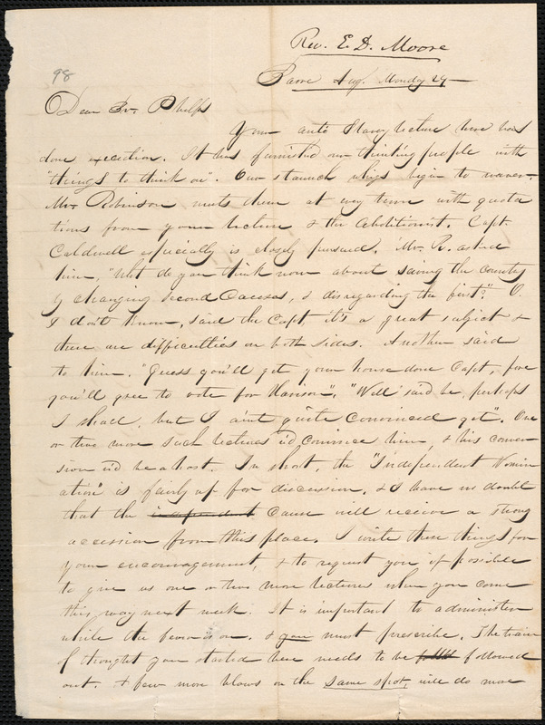 Letter from E. D. Moore, Barre, to Amos Augustus Phelps, Aug. 24. [1840?] - Digital Commonwealth