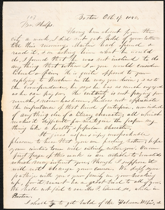 Letter from E. D. Moore, Boston, to Amos Augustus Phelps, 1846 October 17 - Digital Commonwealth