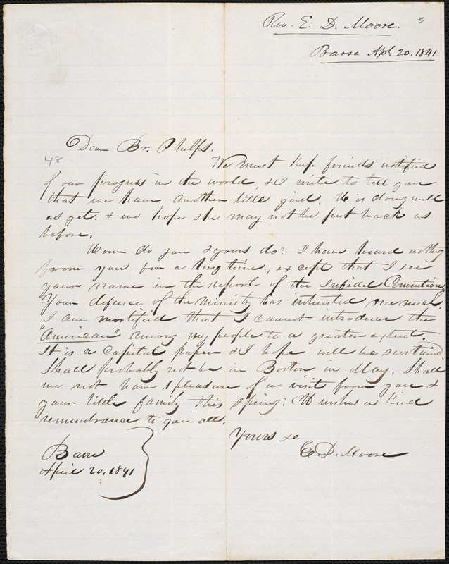 Letter from E. D. Moore, Barre, to Amos Augustus Phelps, Apl. 20. 1841 - Digital Commonwealth