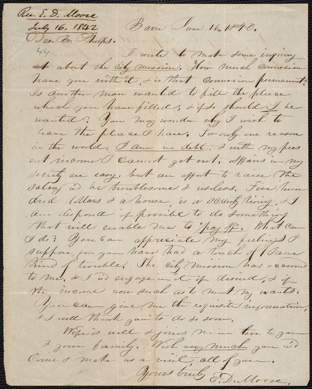 Letter from E. D. Moore, Barre, to Amos Augustus Phelps, June 16. 1842 - Digital Commonwealth