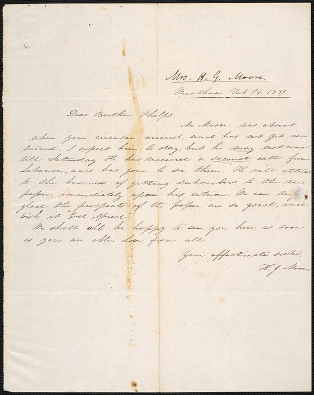 Letter from Harriet Josephine Fiske Moore, Wrentham, to Amos Augustus Phelps, Feb 14. 1839 ...