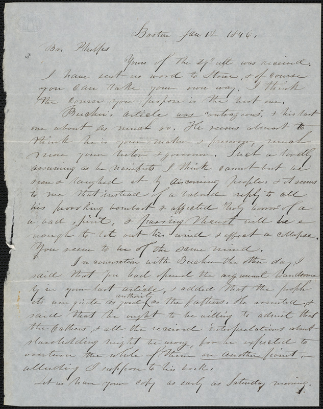 Letter from E. D. Moore, Boston, to Amos Augustus Phelps, Jan 1st. 1845 - Digital Commonwealth