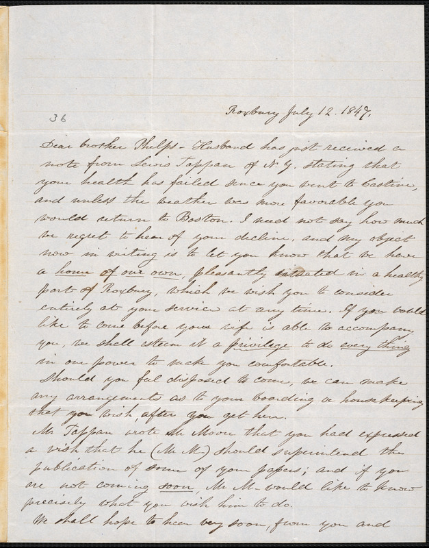 Letter from Harriet Josephine Fiske Moore, Roxbury, to Amos Augustus Phelps, July 12. 1847 ...