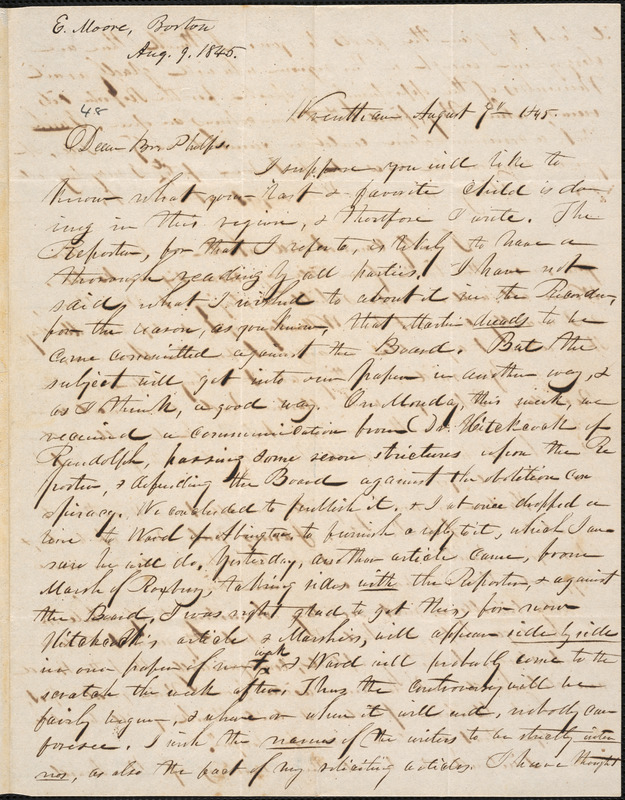 Letter from E. D. Moore, Wrentham, to Amos Augustus Phelps, August 9th 1845 - Digital Commonwealth