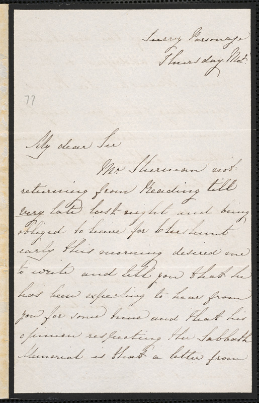 Letter from Pentory, Surrey Parsonage, [London], to Amos Augustus ...