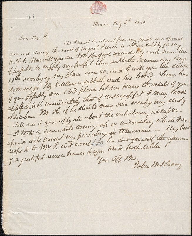 Letter from John McCurdy Strong Perry, Mendon, to Amos Augustus Phelps, July 6th 1833 - Digital ...