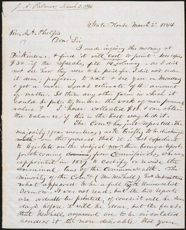 Letter from Julius Auboyneau Palmer, [Boston], to Amos Augustus Phelps, March 2d 1844 - Digital ...