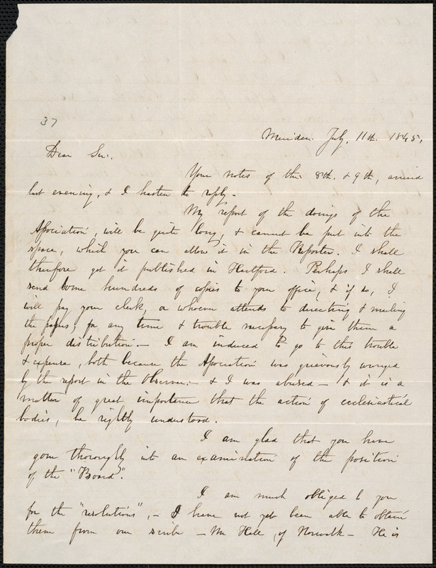 Letter from George William Perkins, Meriden, to Amos Augustus Phelps, July 11th 1845 - Digital ...