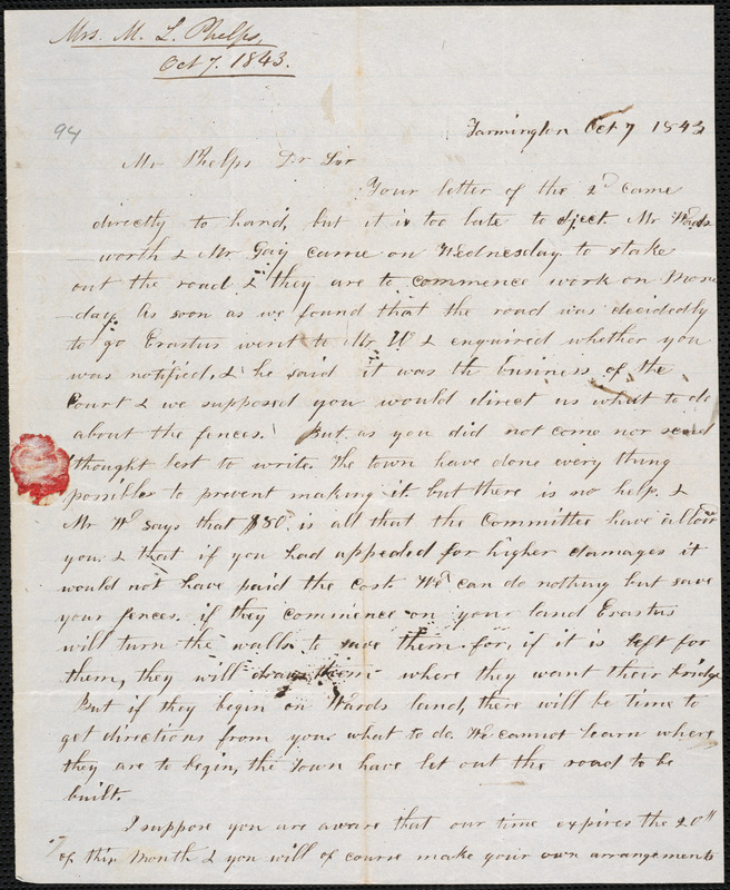 Letter from Mary L. Phelps, Farmington, to Amos Augustus Phelps, Oct 7 1843 - Digital Commonwealth