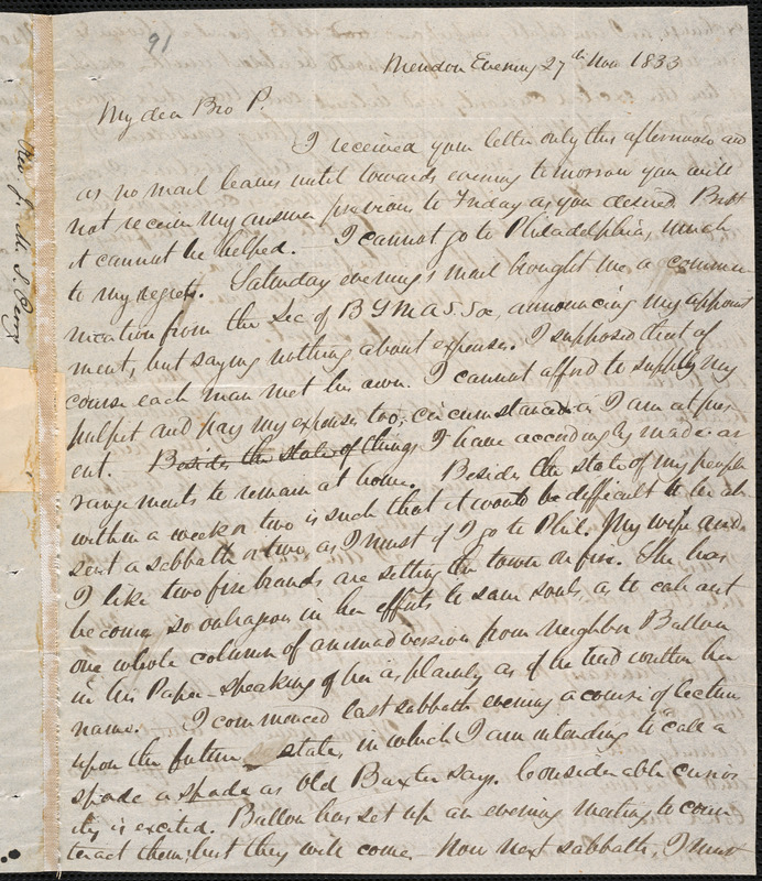 Letter from John McCurdy Strong Perry, Mendon, to Amos Augustus Phelps, 27th Nov 1833 - Digital ...