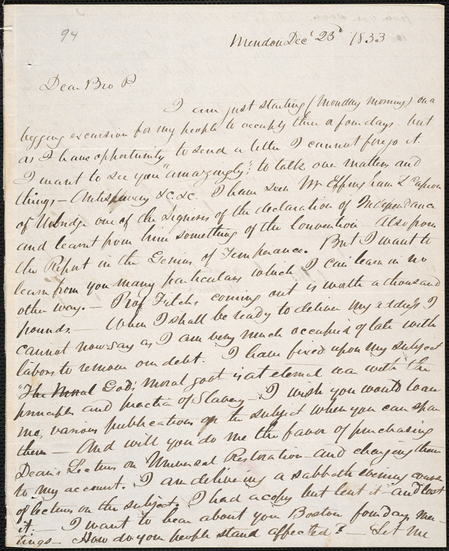 Letter from John McCurdy Strong Perry, Mendon, to Amos Augustus Phelps, Dec 23d 1833 - Digital ...