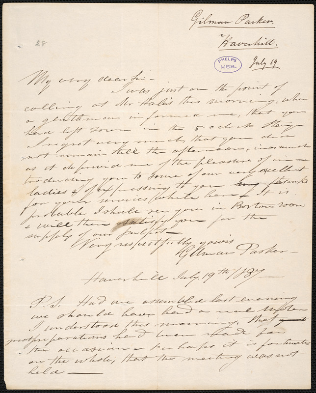 Letter from Gilman Parker, Haverhill, to Amos Augustus Phelps, July 19th 1837 - Digital Commonwealth