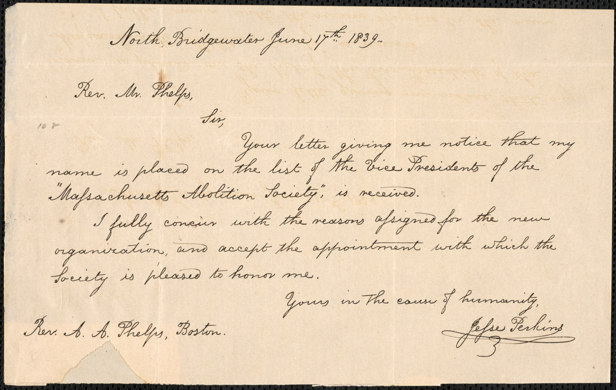 Letter from Jesse Perkins, North Bridgewater, to Amos Augustus Phelps ...