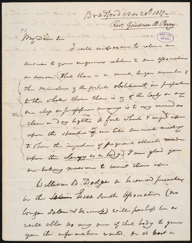 Letter from Gardiner B. Perry, Bradford, to Amos Augustus Phelps, Nov ...