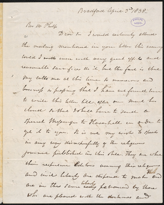 Letter from Gardiner B. Perry, Bradford, to Amos Augustus Phelps, April 3rd 1838 - Digital ...