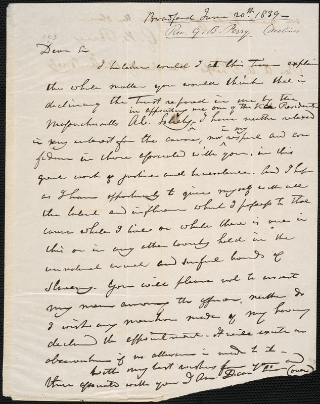 Letter from Gardiner B. Perry, Bradford, to Amos Augustus Phelps, June 20th 1839 - Digital ...