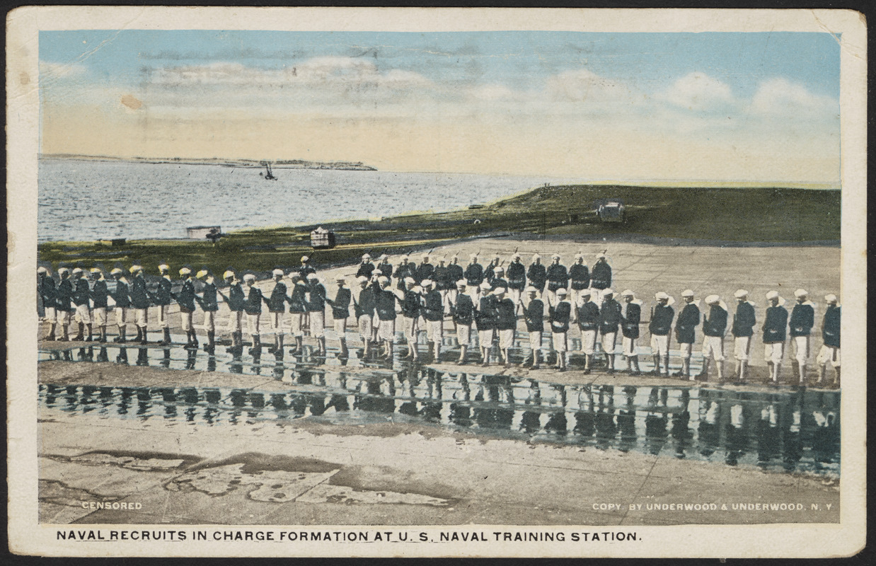 Naval recruits in charge formation at U.S. Naval Training Station ...