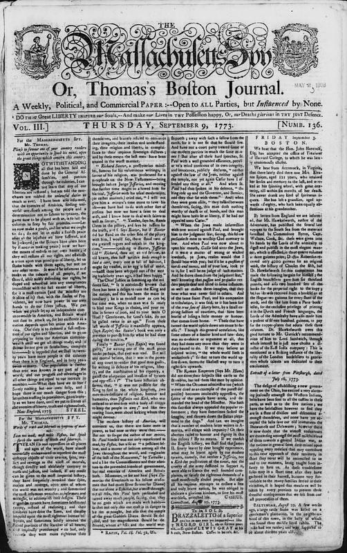 The Massachusetts Spy, or, Thomas's Boston Journal. September 09, 1773 ...
