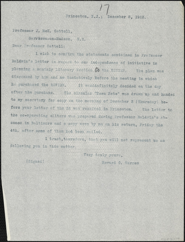 Warren, Howard C. typed letter (copy) to typed letter (copy) to J.Mc. K ...