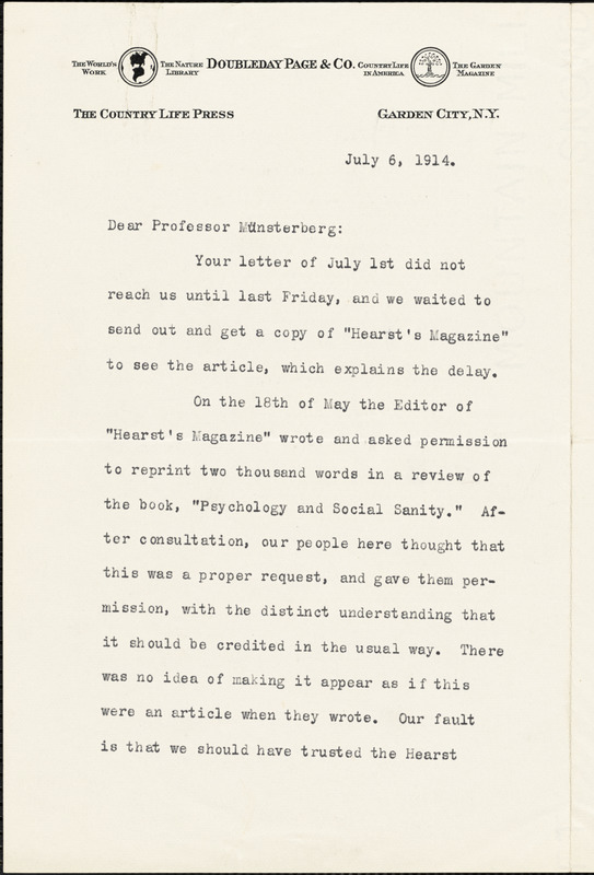 Doubleday, Frank Nelson, 1862-1934 typed letter signed to Hugo ...