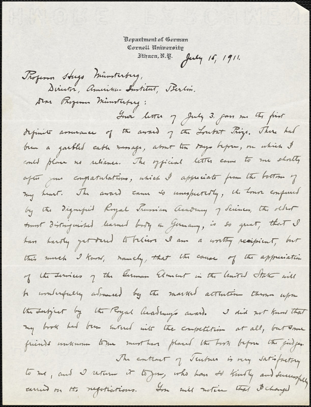 Faust, Albert Bernhardt, 1870-1951 autograph letter signed to Hugo ...