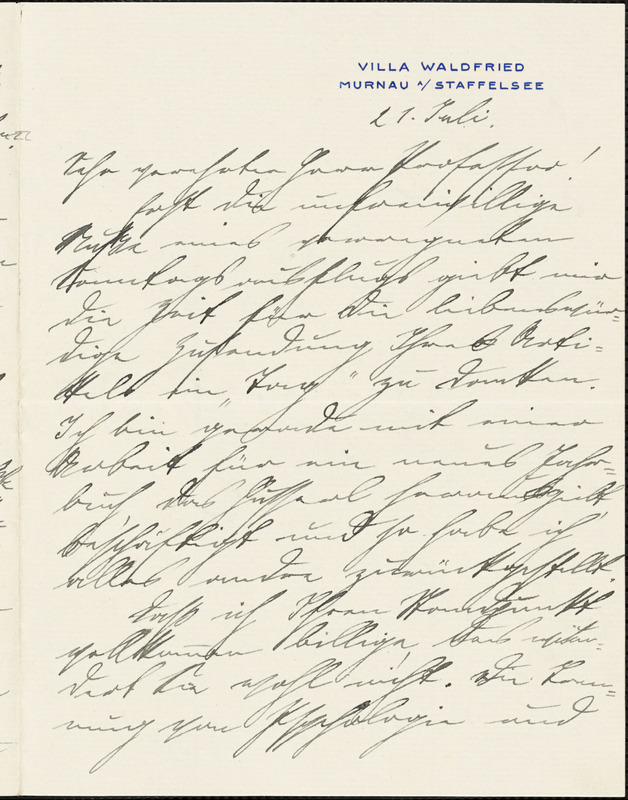 Geiger, Moritz, 1880-1937 autograph letter signed to Hugo Münsterberg ...