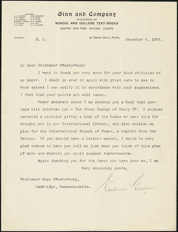 Ginn, Edwin, 1838-1914 typed letter signed to Hugo Münsterberg, Boston ...