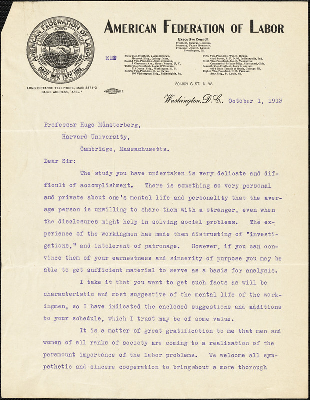 Gompers, Samuel, 1850-1924 typed letter signed to Hugo Münsterberg ...
