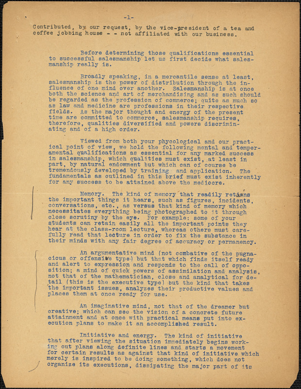 Green, M. S., fl. 1911 typed document: [Qualifications for Salesman not ...