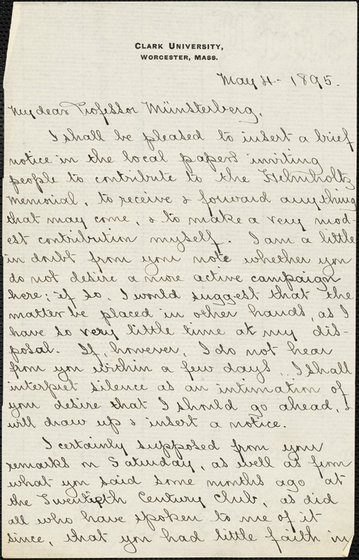 Hall, Granville Stanley, 1844-1924 manuscript letter signed to Hugo ...